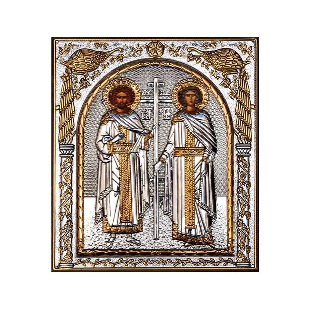 Saint Constantine Icon & Saint Helen Icon , Handmade Silver 999 Greek ...