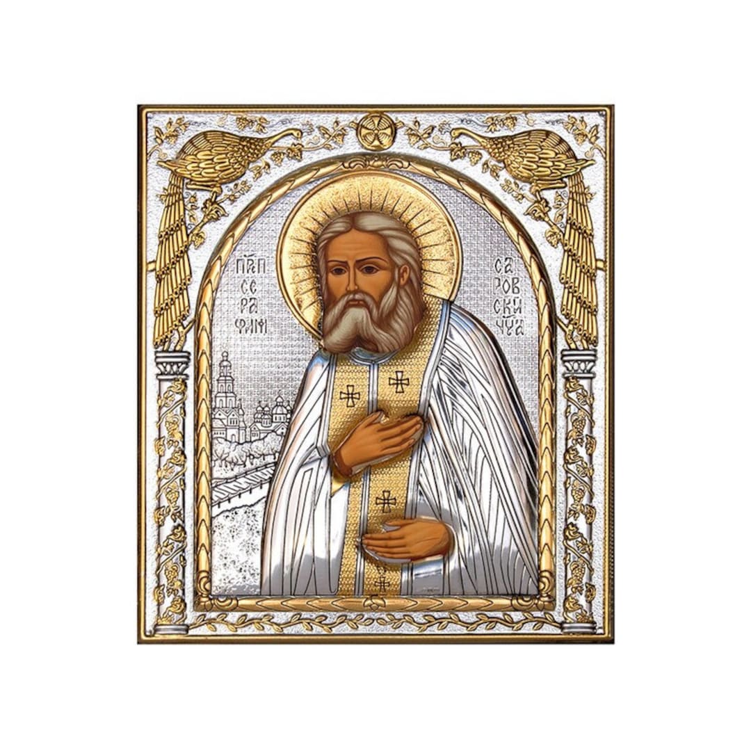 Saint Seraphim Icon, Handmade Silver 999 Greek Orthodox Icon of St ...