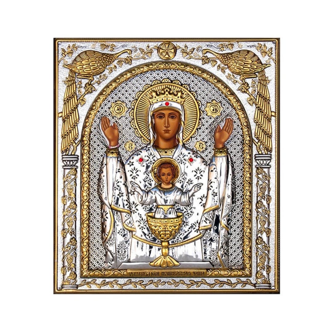Virgin Mary Icon Panagia Platytera, Handmade Silver 999 Greek Orthodox ...