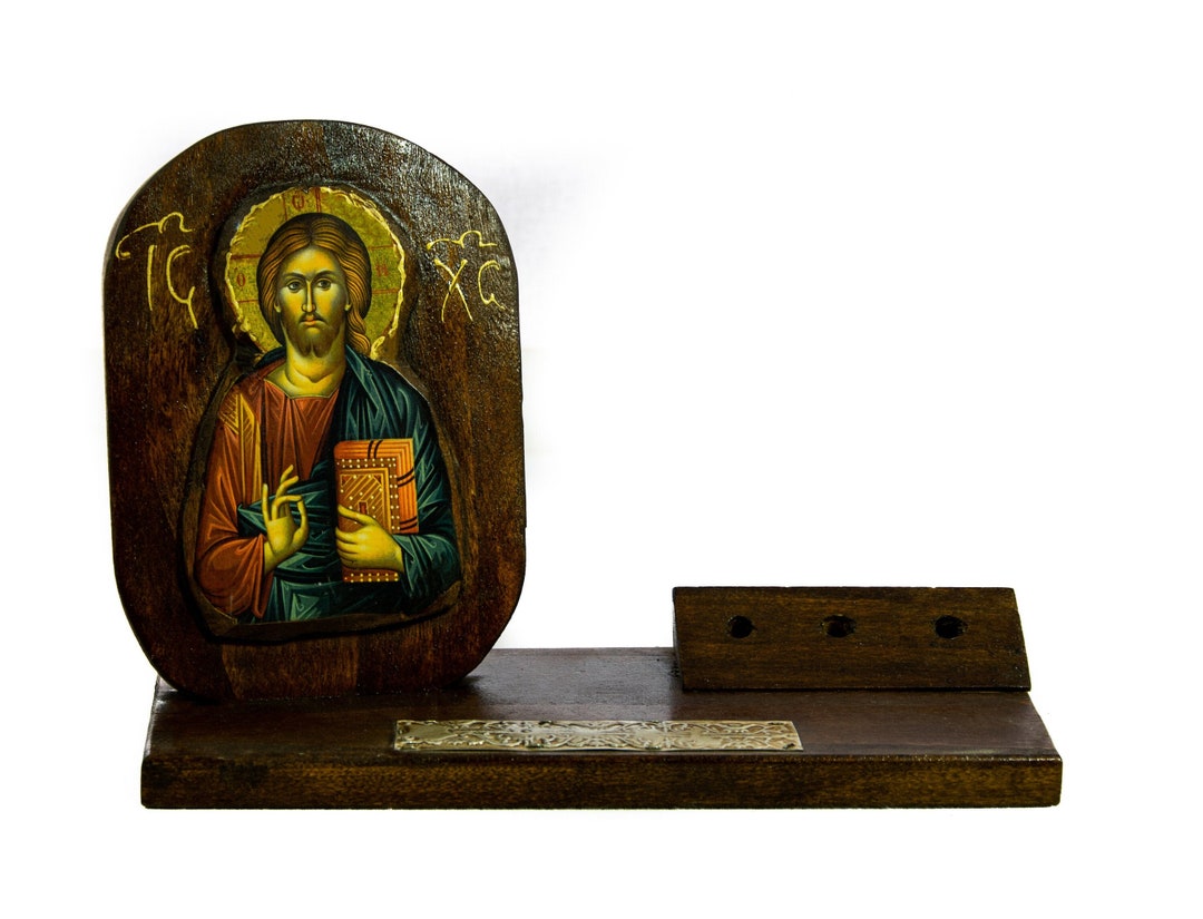 Jesus Christ Icon Pencil Holder 25x10cm, Handmade Greek Orthodox Icon ...