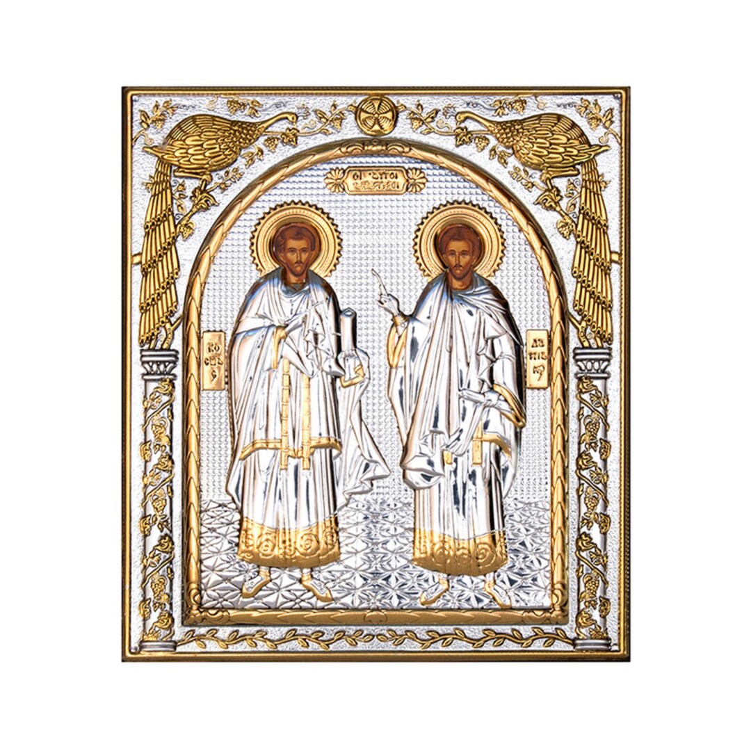 Saint Cosmas and Damian Icon, Handmade Silver 999 Greek Orthodox Icon of Agioi Anargyroi ...