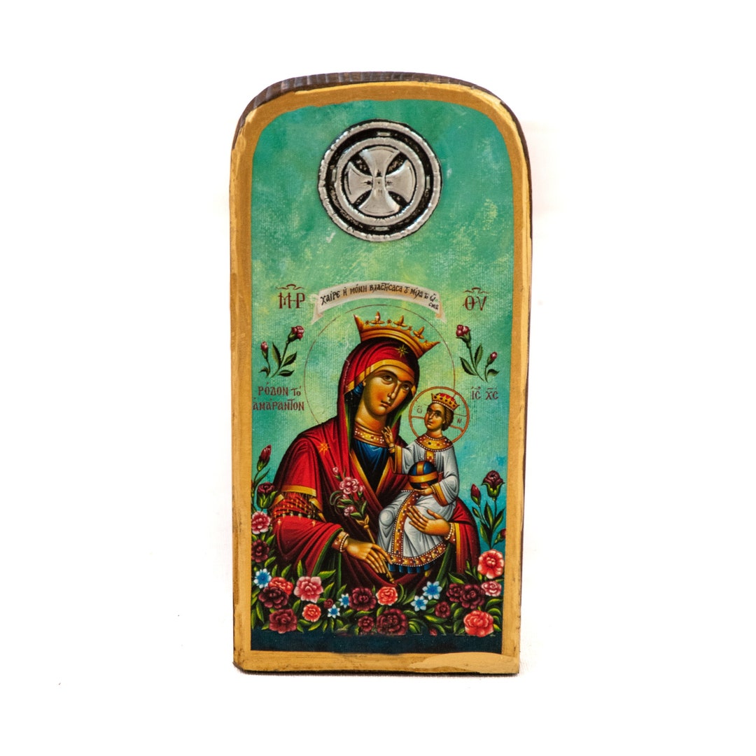 Virgin Mary Icon Rose Amaranth, Handmade Greek Orthodox Icon Theotokos ...