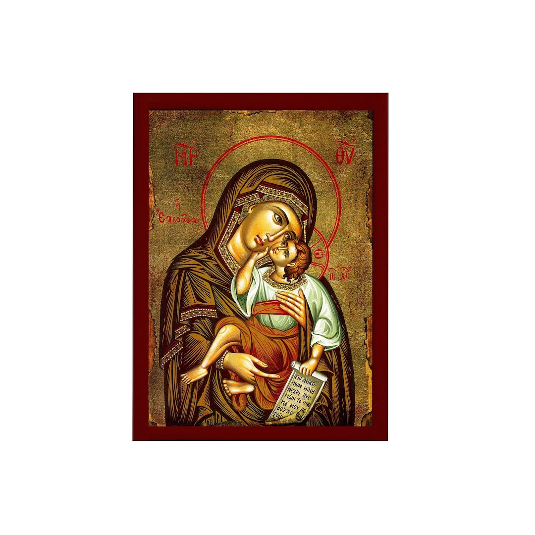 Virgin Mary Icon Panagia Eleousa, Handmade Greek Orthodox Icon, Mother ...
