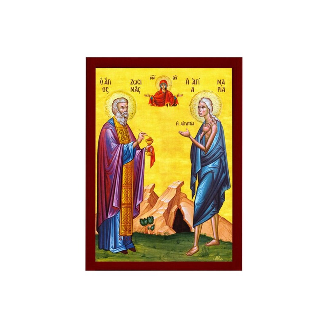 Saint Maria of Egypt & Saint Zossima Icon, Handmade Greek Orthodox Icon ...