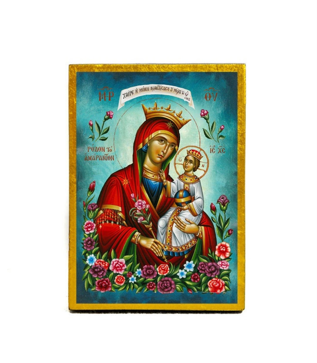 Virgin Mary Icon Panagia Rose Amaranth, Handmade Greek Orthodox Icon ...