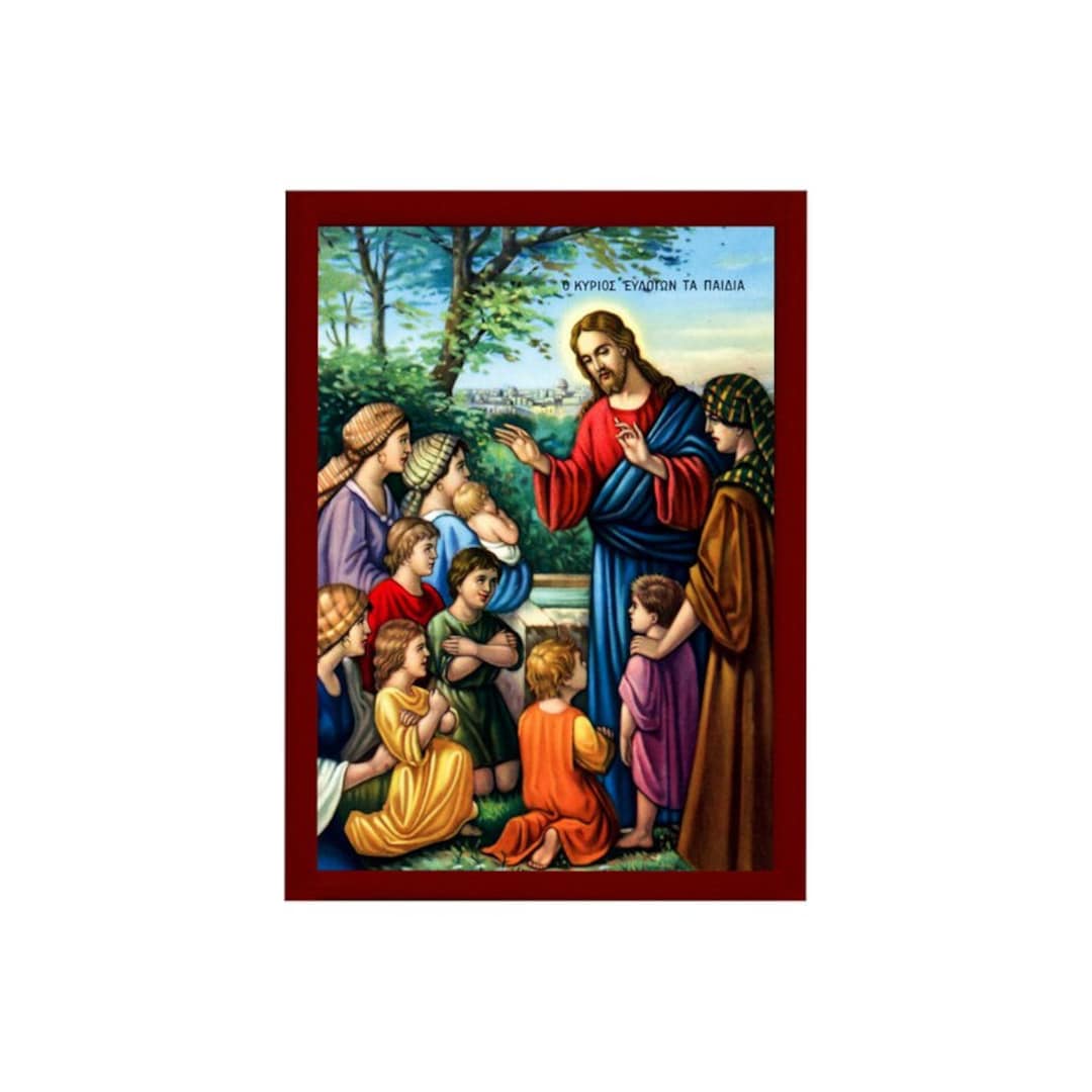 Jesus Christ Icon Blessing the Children Handmade Greek Orthodox Icon of ...