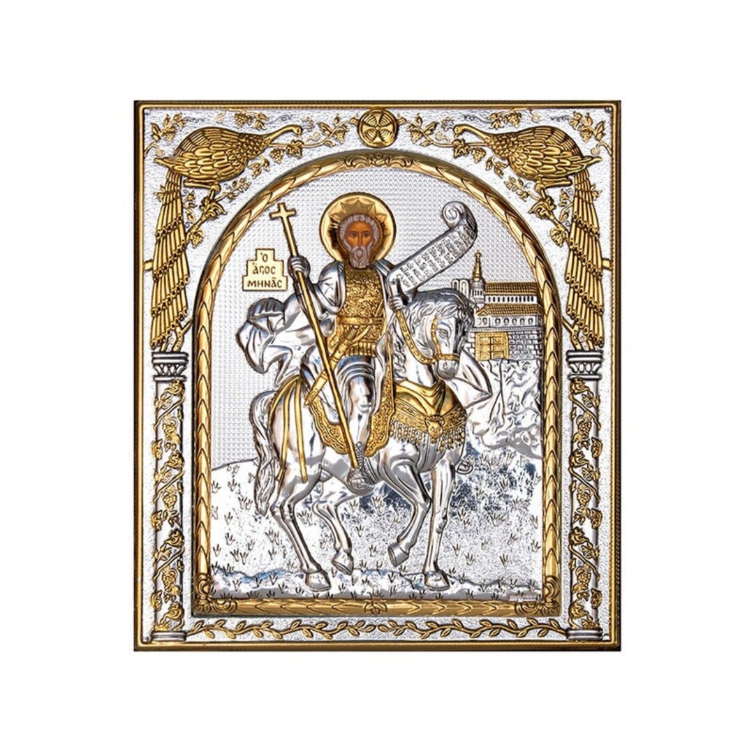 Saint Menas Icon , Handmade Silver 999 Greek Orthodox Icon of St Menas ...