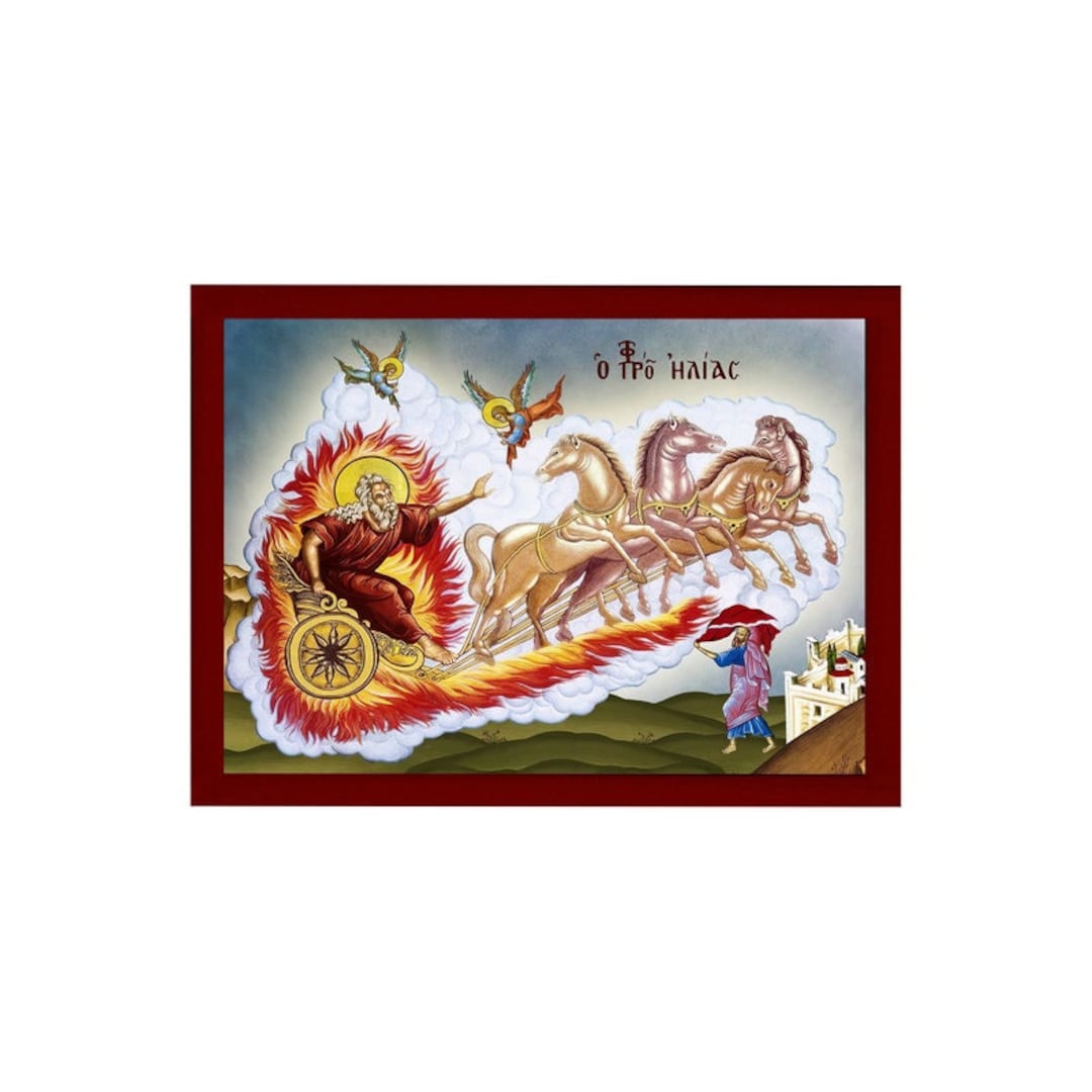 Prophet Elijah Icon With Chariot of Fire, Handmade Greek Orthodox Icon ...