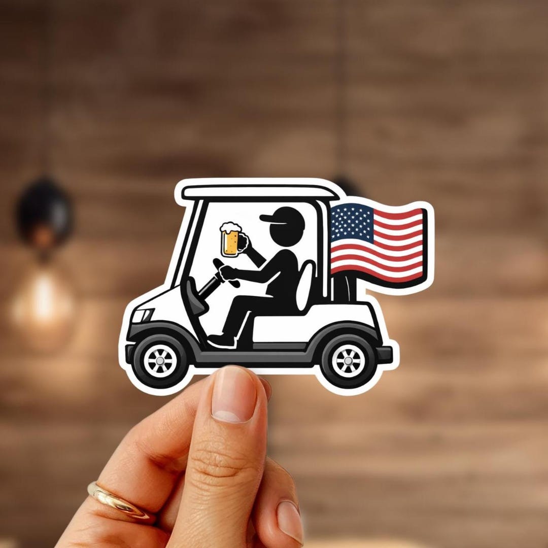 Funny Golf Cart Sticker With Beer & American Flag | Golf Humor Decal ...