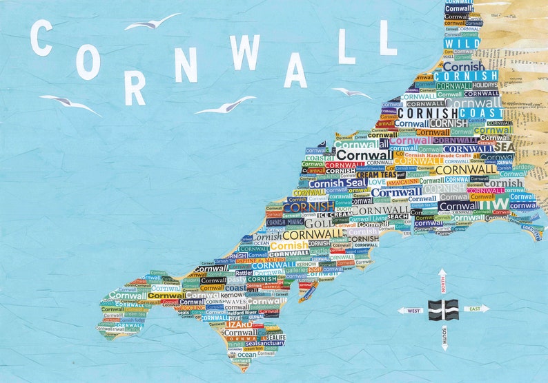 Map of Cornwall, Paper Collage Art Print, Junk Mail Art - Etsy UK