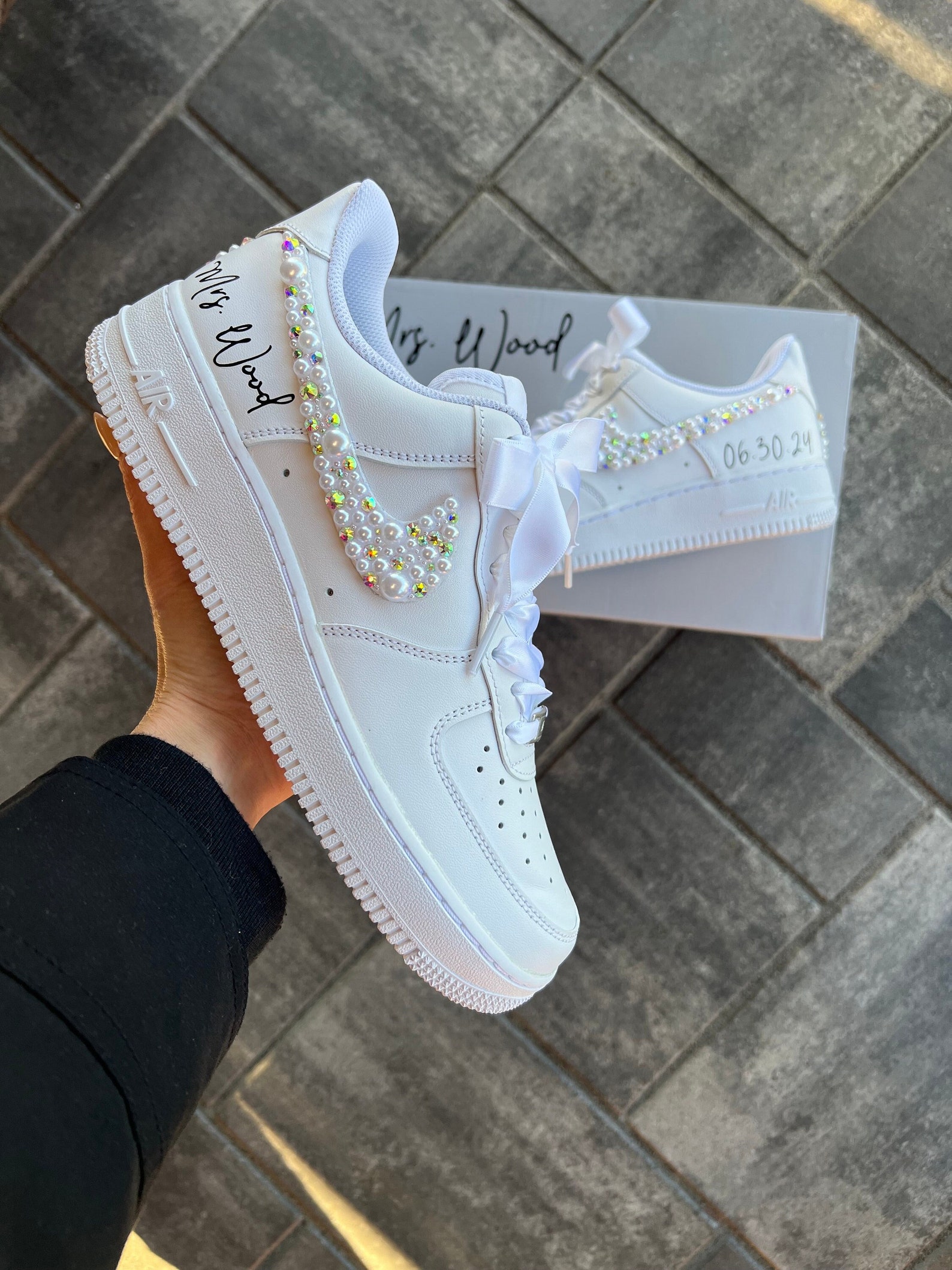 Personalized Bridal Air Force 1 Sneakers: AB Crystal Rhinestone Pearl ...