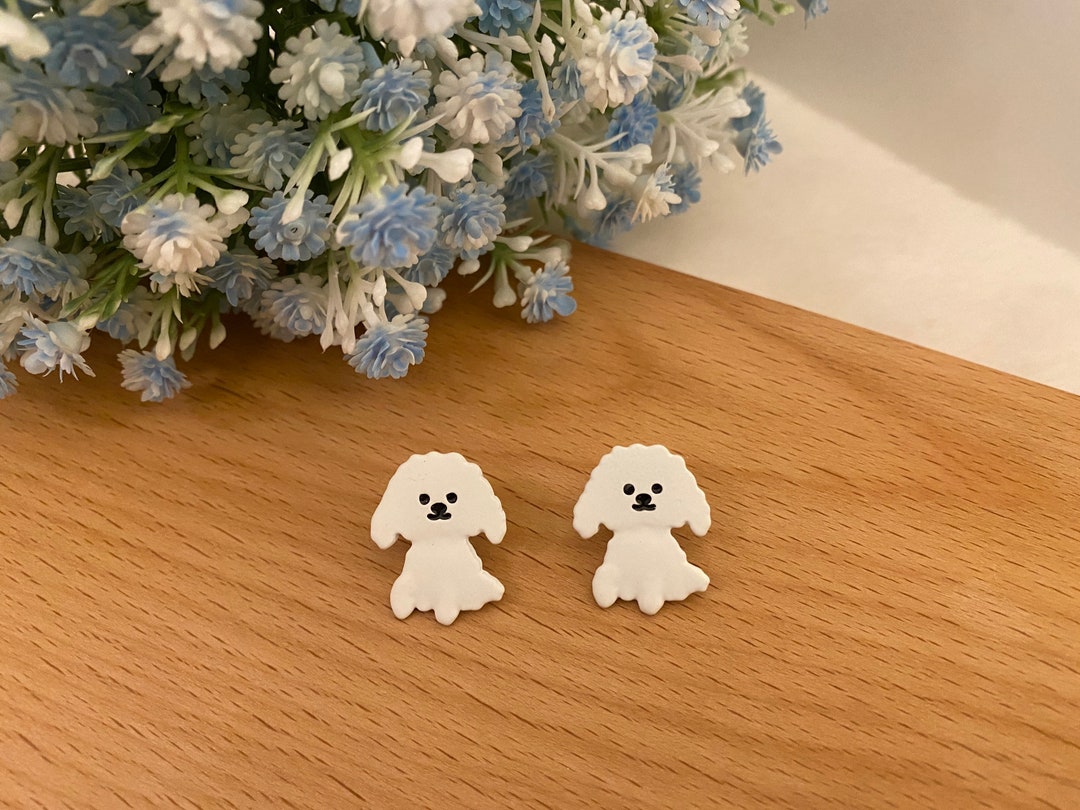 Cute White Puppy White Dog Pet Stud Earring, Kawaii Puppy Earring ...