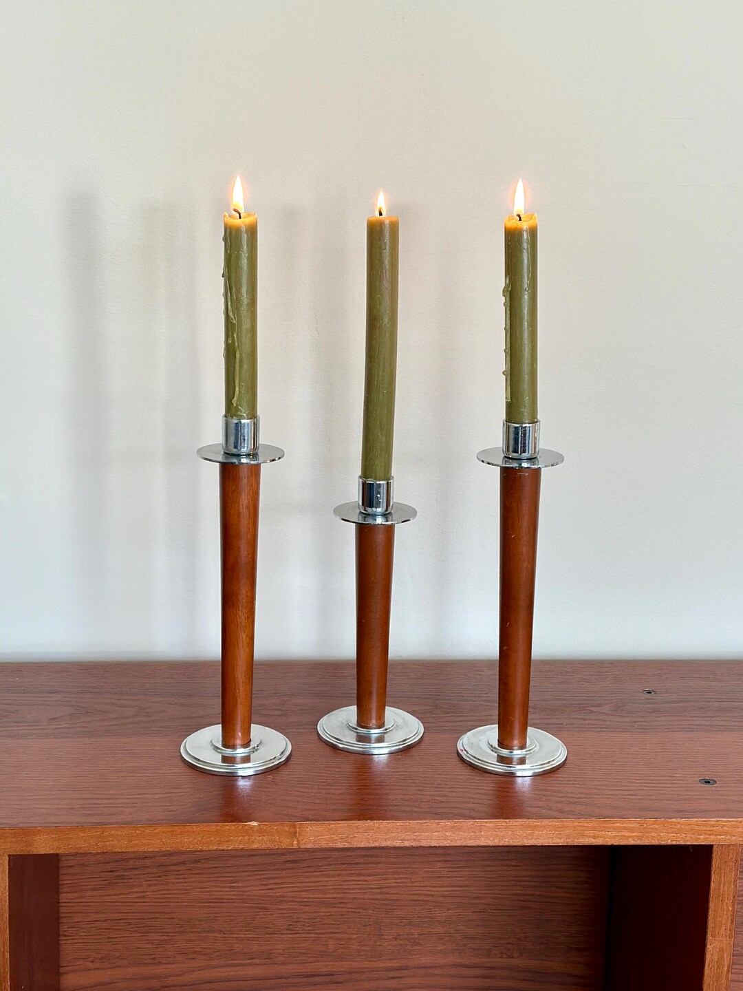 Mid-century Candlestick Holders - Set of 3 With Chrome Base & Teak Wood ...