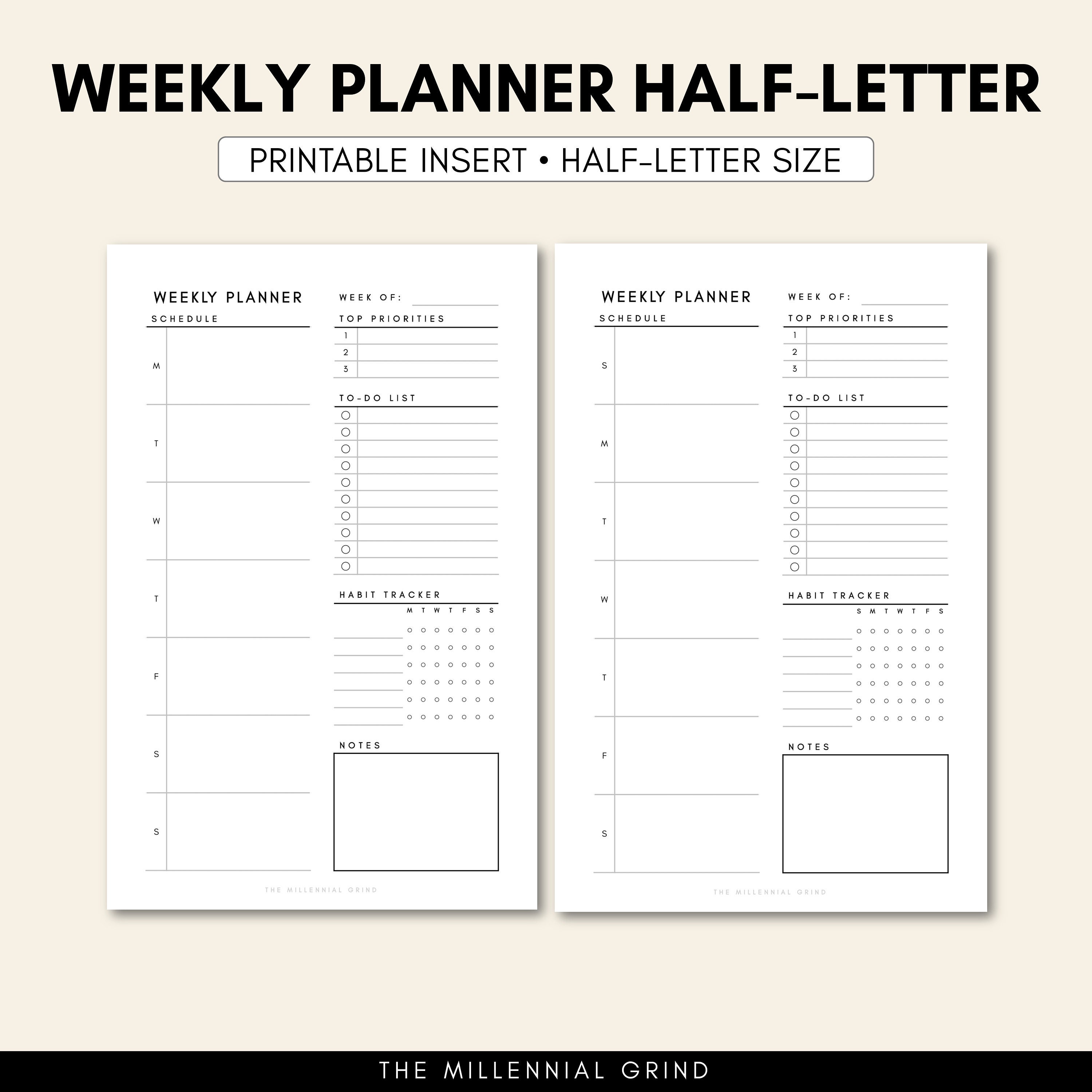 Half-letter Weekly Planner Half-letter Weekly Printable Half-letter ...