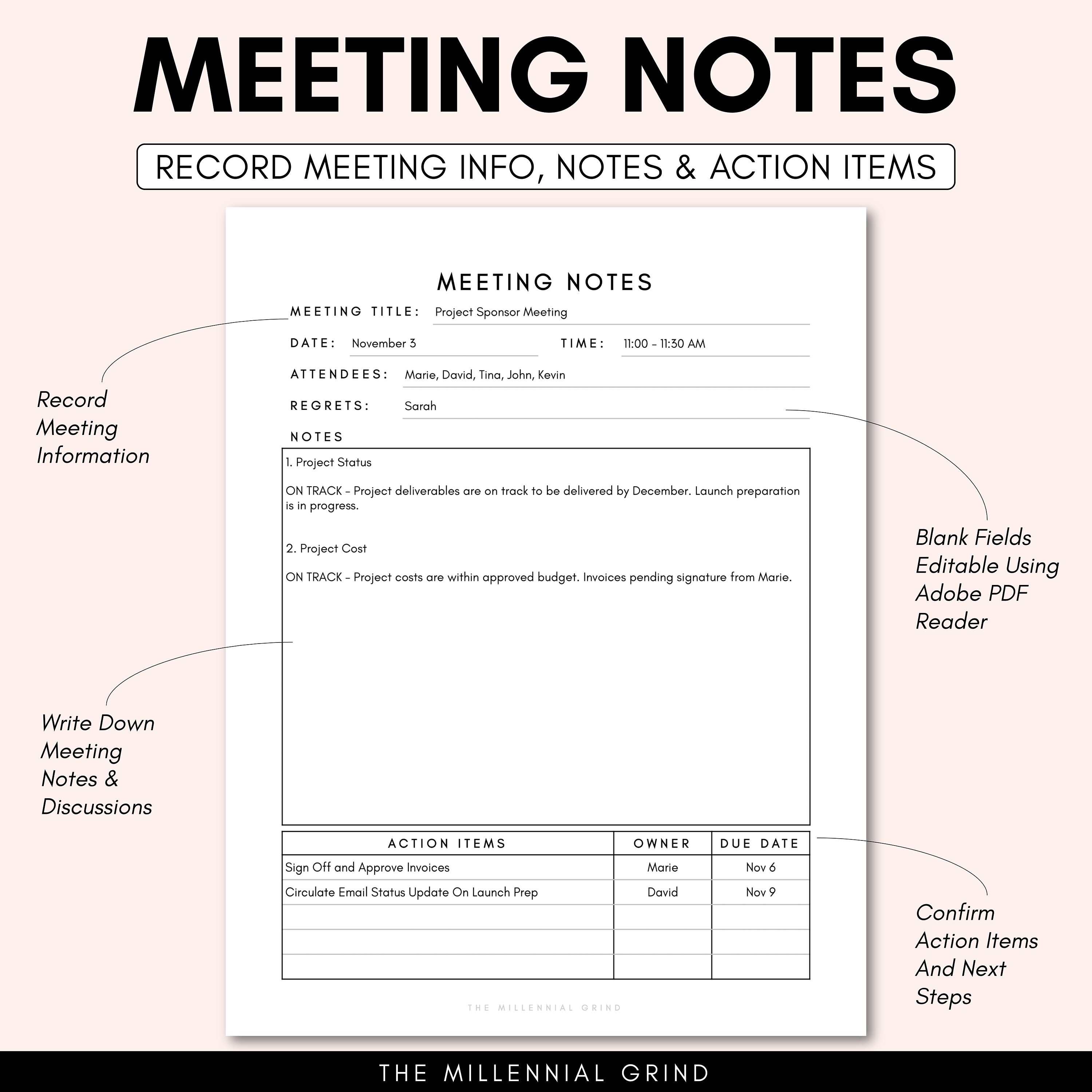 Meeting Notes PDF | Meeting Notes Template | Meeting Notes Printable ...