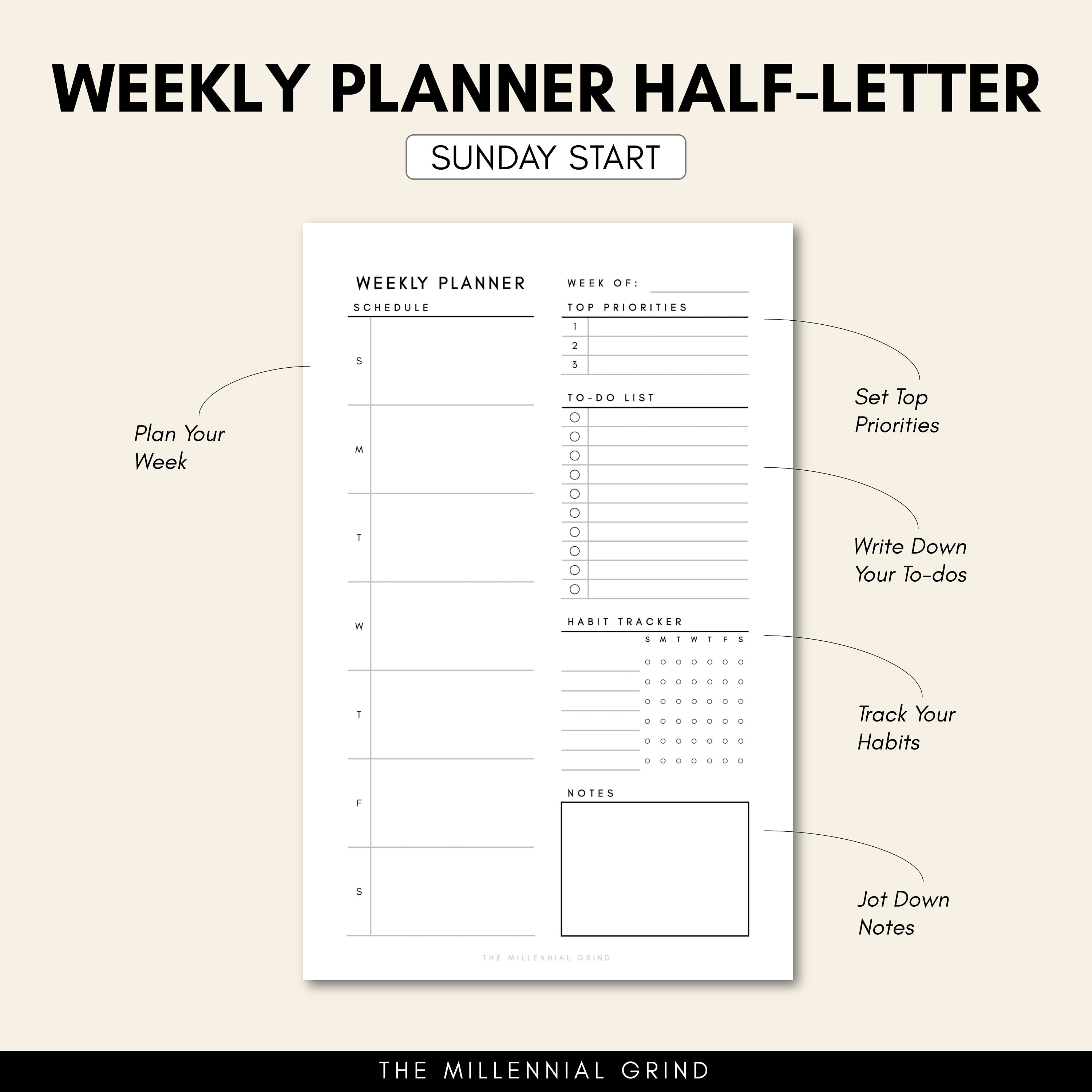 Half-letter Weekly Planner Half-letter Weekly Printable Half-letter ...