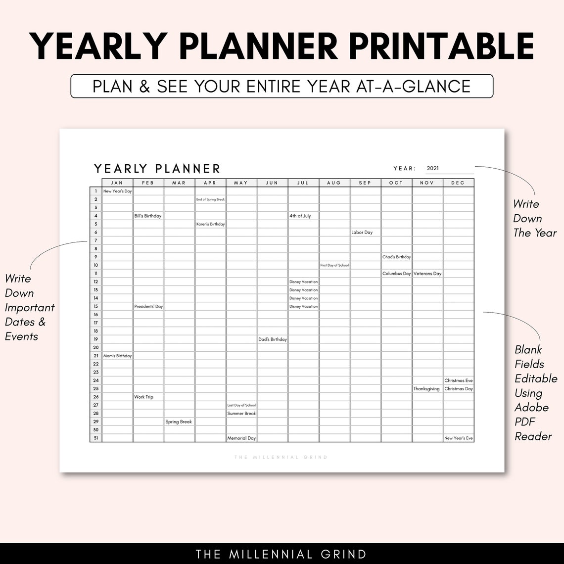 Yearly Planner Printable | Yearly Planner PDF Template | Yearly Planner ...