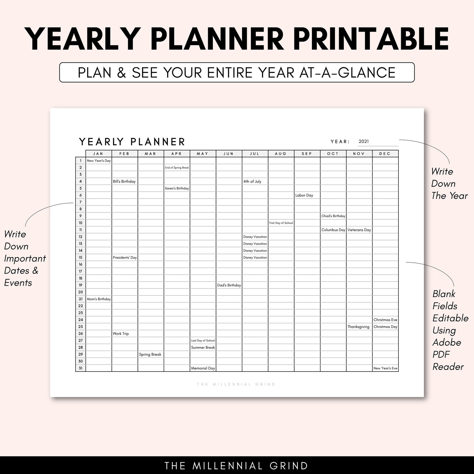Yearly Planner Printable | Yearly Planner PDF Template | Yearly Planner ...