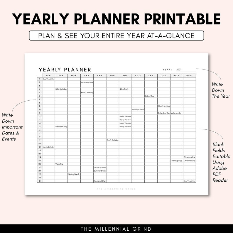 Yearly Planner Printable | Yearly Planner PDF Template | Yearly Planner ...