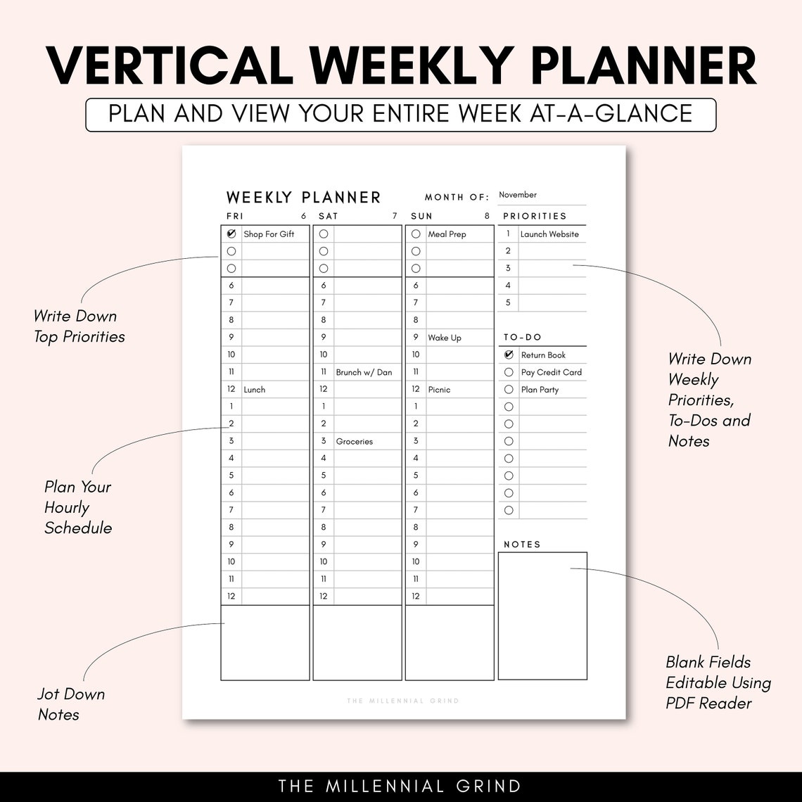 Vertical Weekly Planner Printable | Vertical Weekly Planner Insert ...