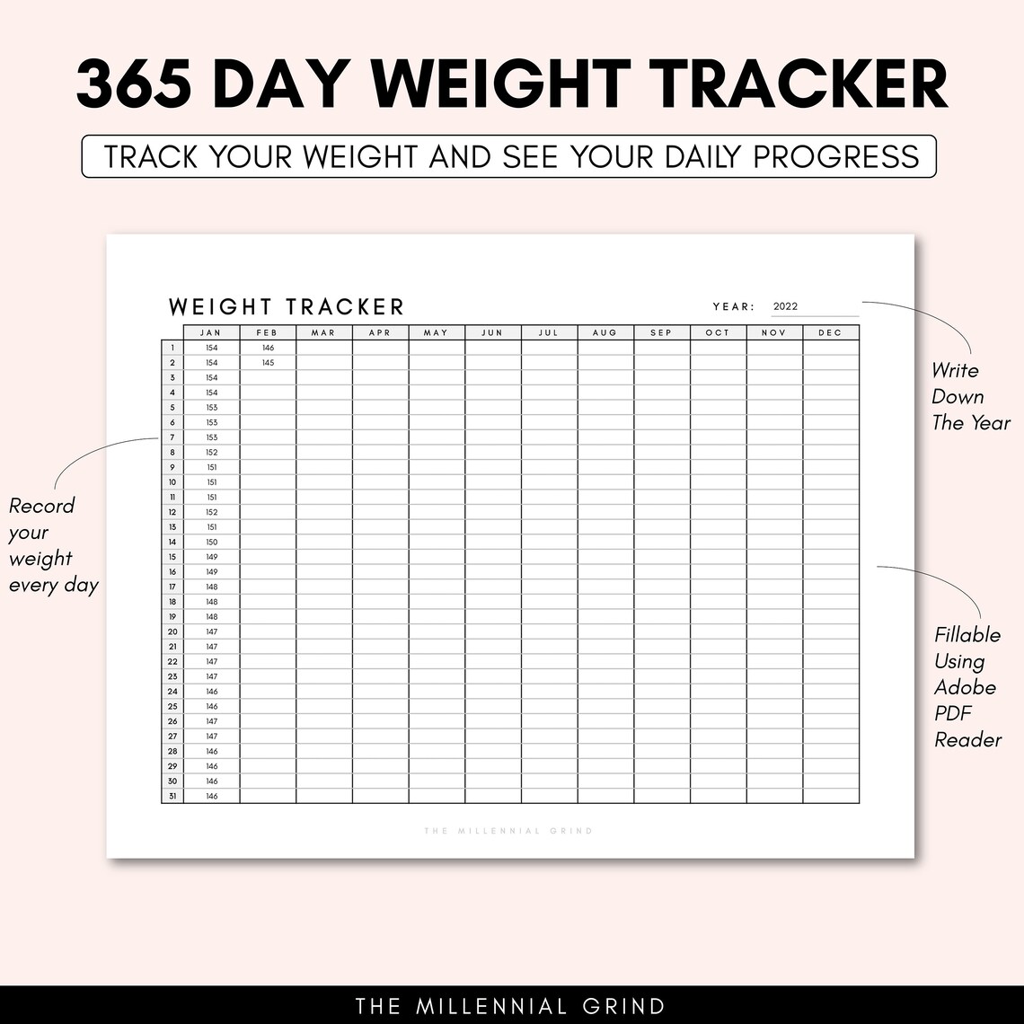 Daily Weight Tracker, 365 Day Weight Tracker, Weight Tracker Printable ...