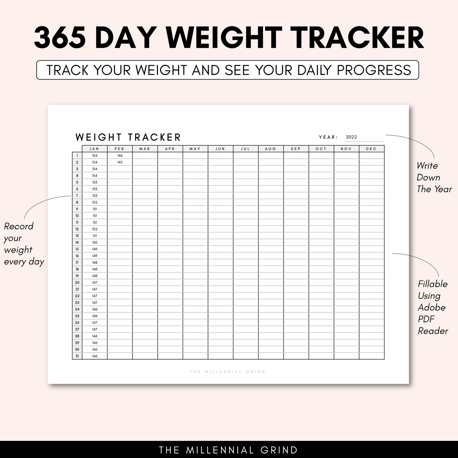 Daily Weight Tracker, 365 Day Weight Tracker, Weight Tracker Printable ...