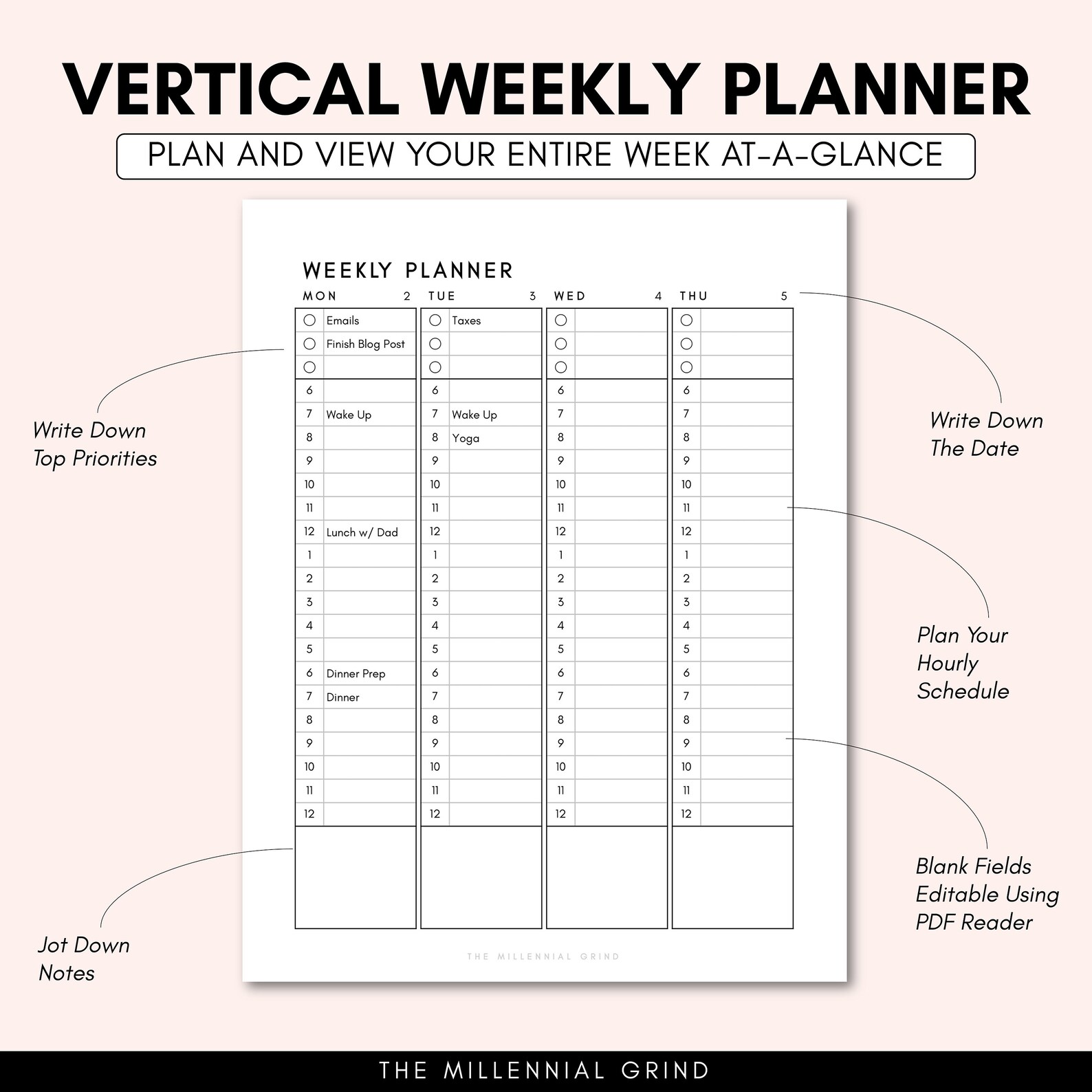 Vertical Weekly Planner Printable | Vertical Weekly Planner Insert ...