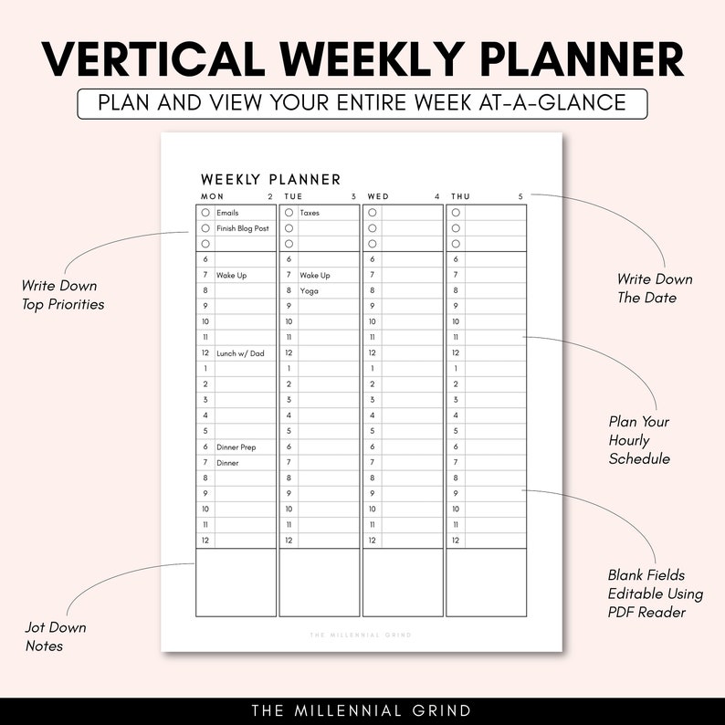 Vertical Weekly Planner Printable | Vertical Weekly Planner Insert ...