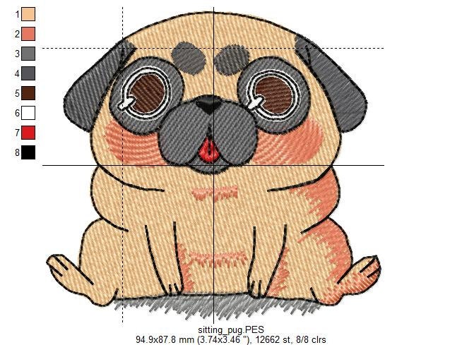 Pug Embroidery Design. Sitting Pug. Pug Machine Embroidery | Etsy