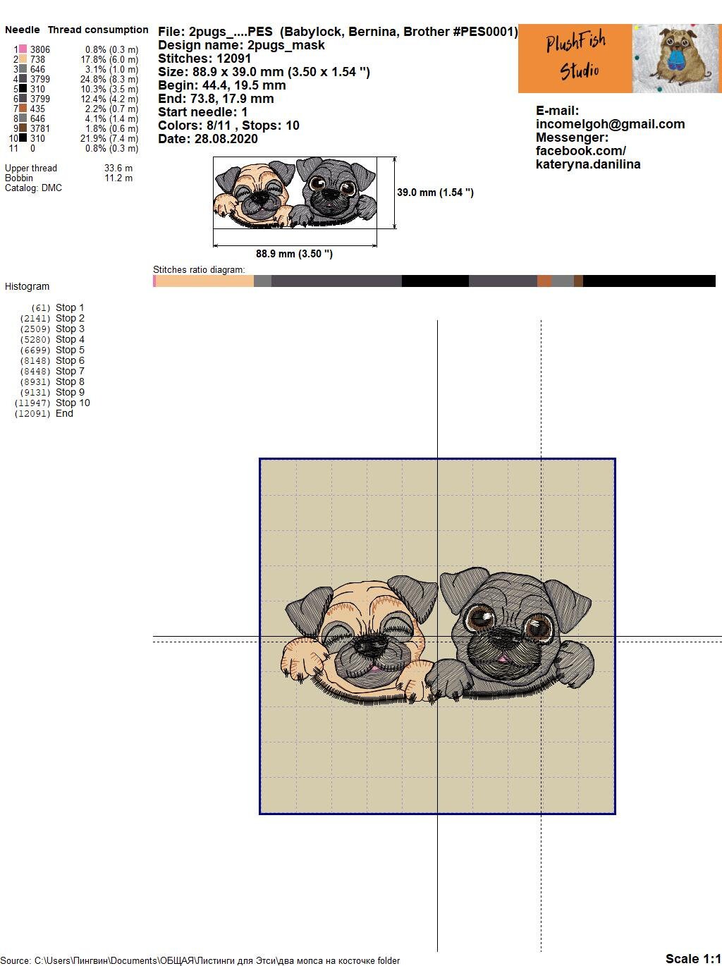 Pug Embroidery Design. Black and Fawn Pugs Machine Embroidery | Etsy