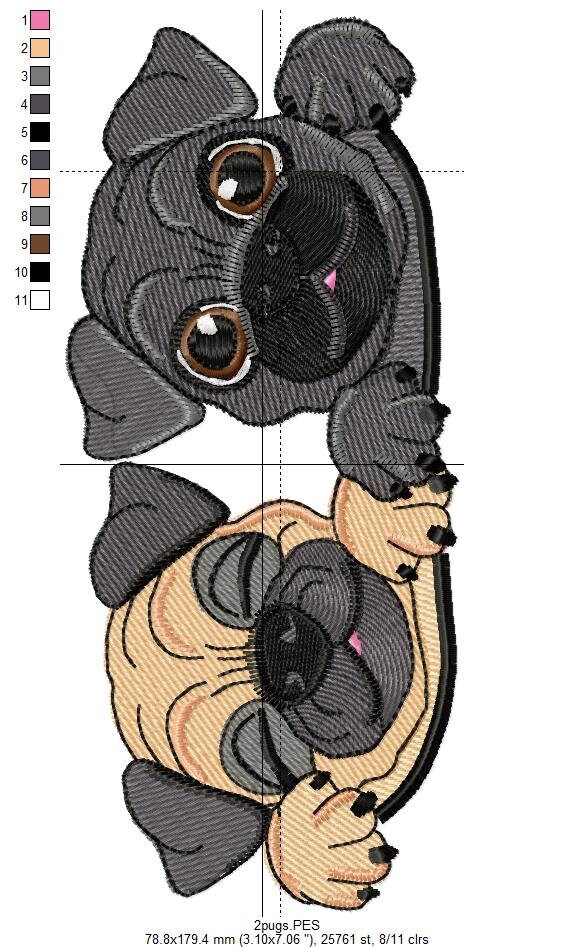 Pug Embroidery Design. Black and Fawn Pugs Machine Embroidery | Etsy