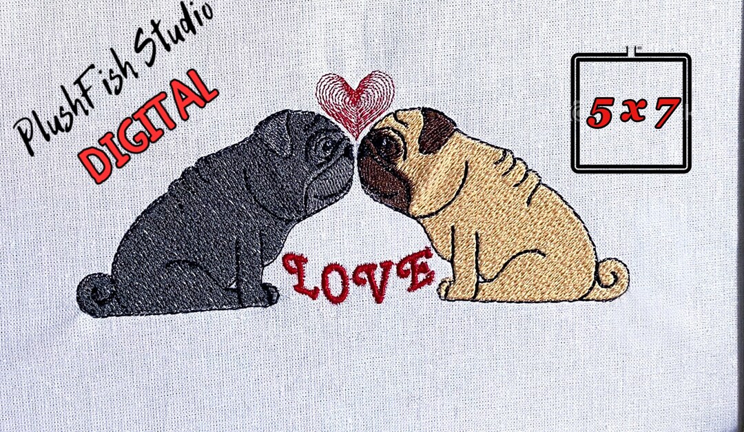 Pug Embroidery Design. Black and Fawn Pugs Machine Embroidery Design ...