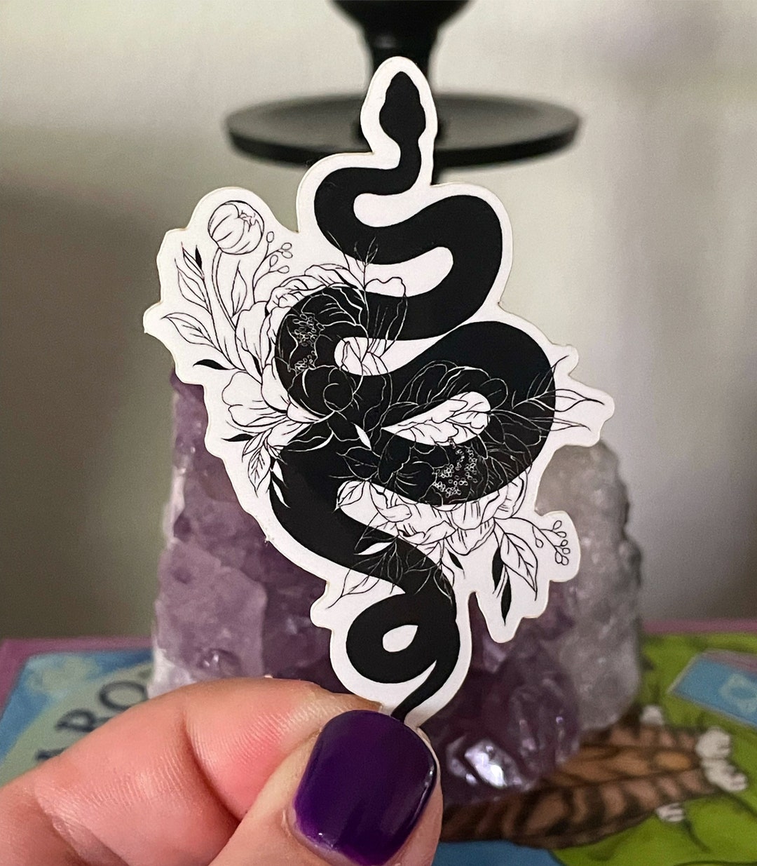 Snake With Peony Flowers Sticker, Botanical Serpent Vinyl Decal, Dark ...