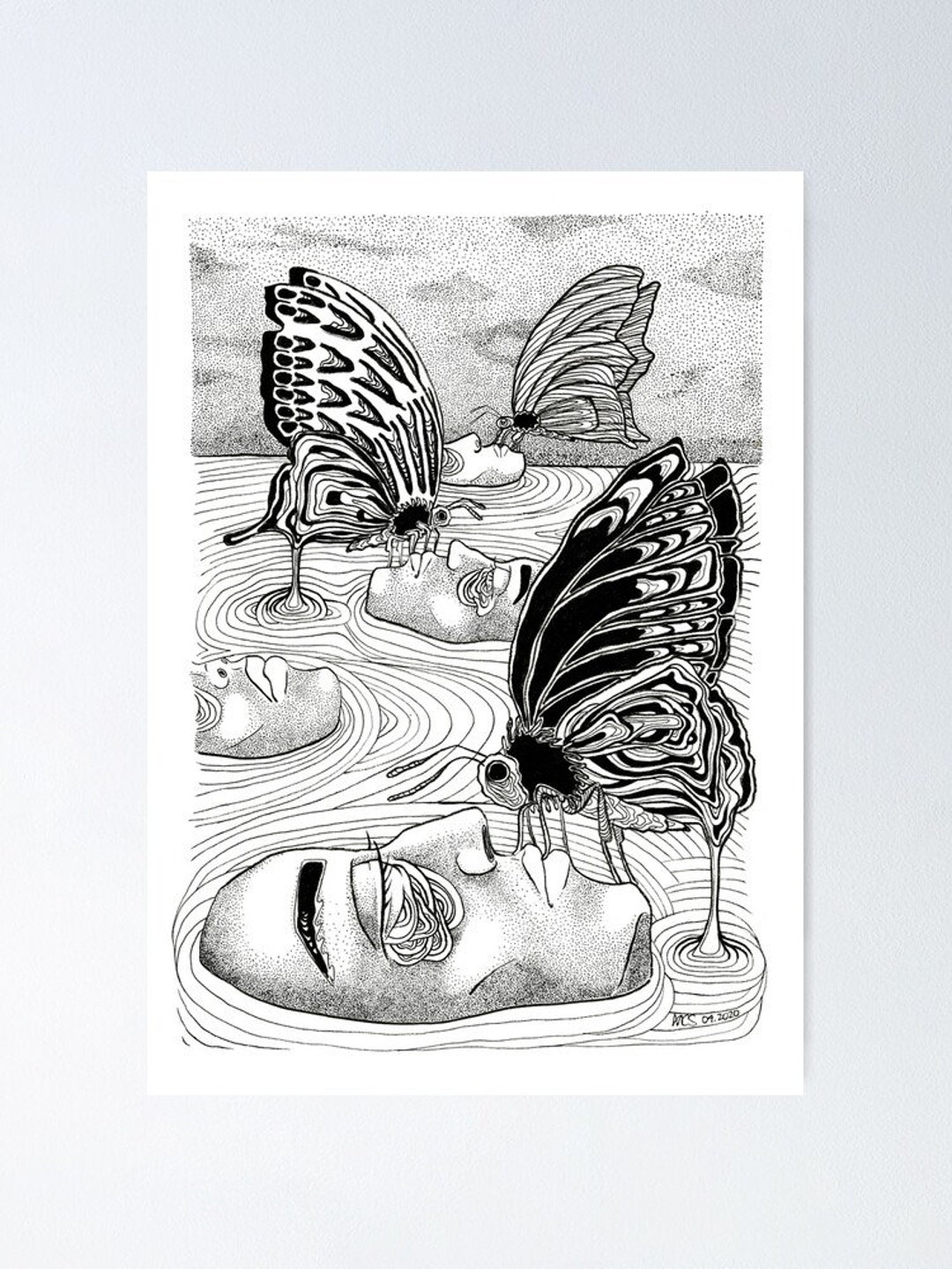 Butterfly and Human Faces Art Print: Surreal Ink Illustration (A3 Size ...