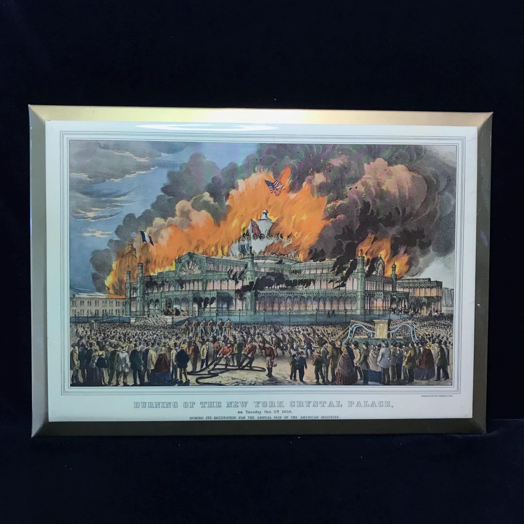 Vintage Crystal Palace on Fire Lithograph//70s Resin Covered Lithograph ...
