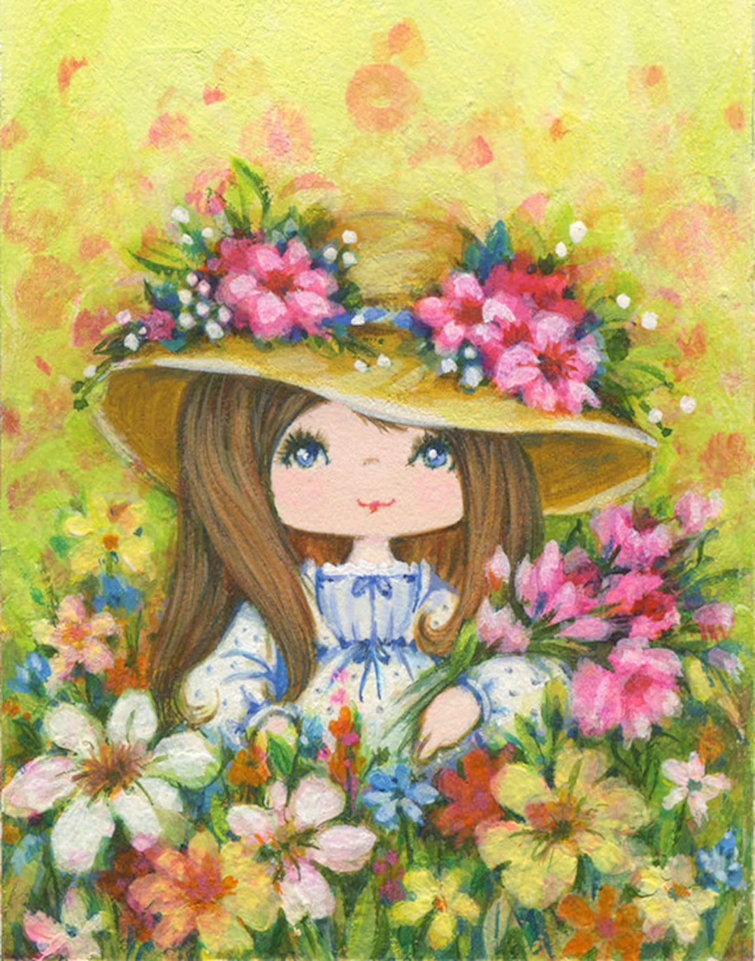 Kitschy Girl in Flower Garden Print – 60s-70s Decor (digital Download ...