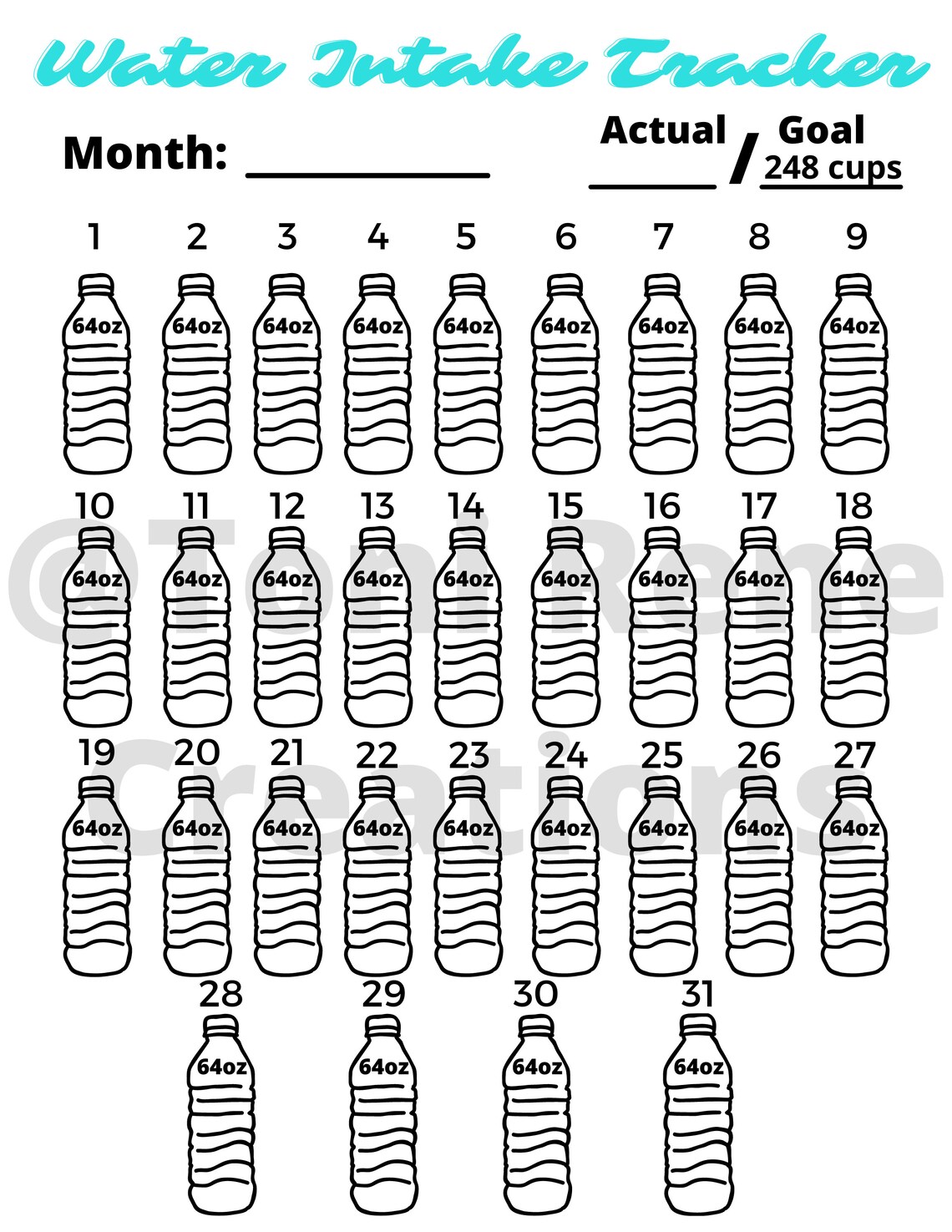 Water Intake DIGITAL DOWNLOAD Water Tracker Worksheet - Etsy