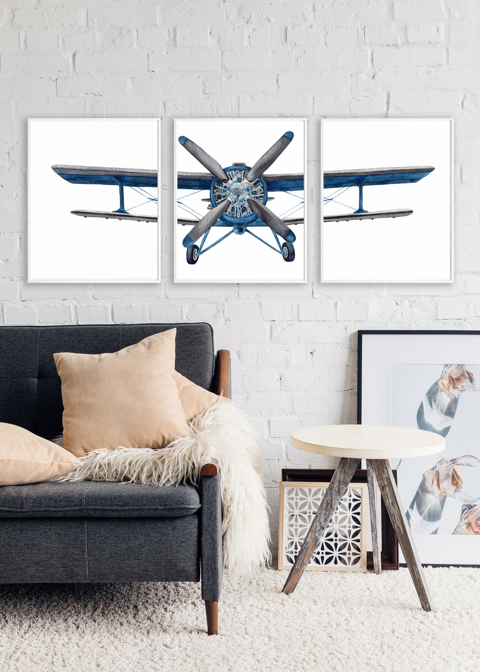 Blue Printable Airplane Vintage Biplane Boys Room Decor | Etsy