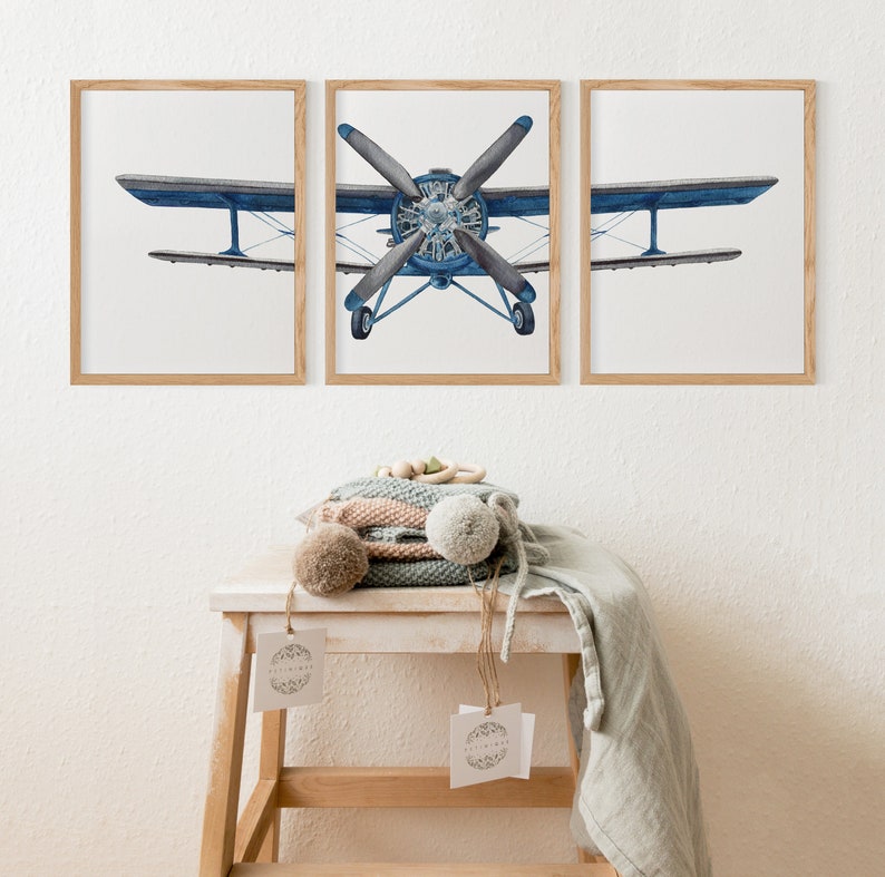 Blue Printable Airplane Vintage Biplane Boys Room Decor - Etsy