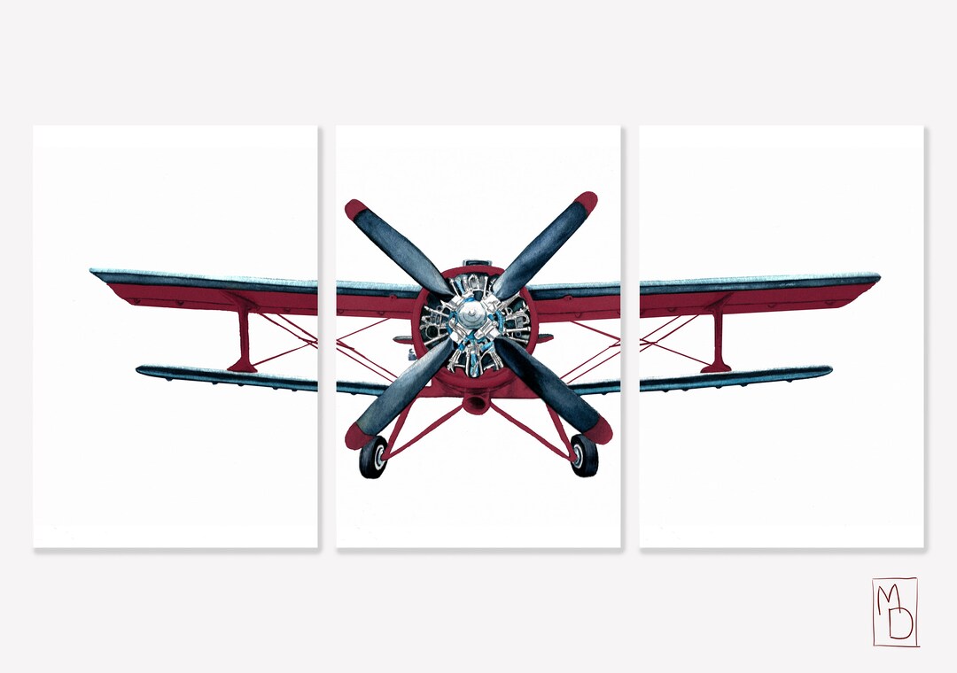 Maroon Printable Airplane, Vintage Biplane, Boys Room Decor, Aviation ...
