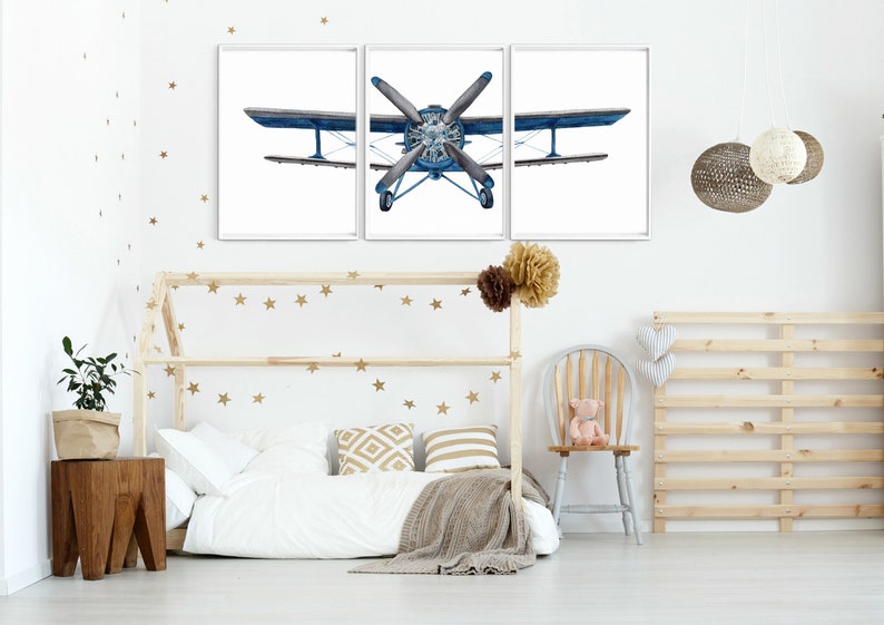 Blue Printable Airplane Vintage Biplane Boys Room Decor - Etsy