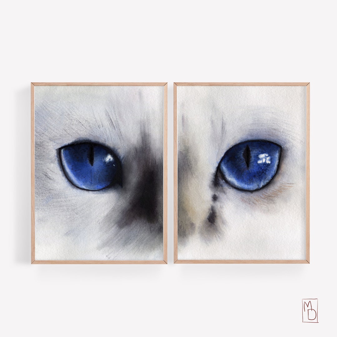 Blue Cat Eyes Print, Modern Animal Wall Art, Nursery Decor, Large ...