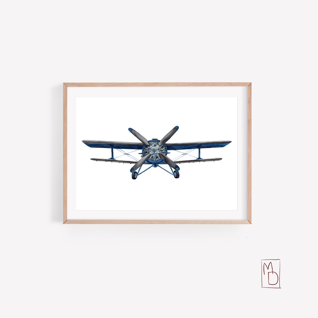 Blue and Grey Airplane, Vintage Biplane, Boys Room Airplane Decor ...