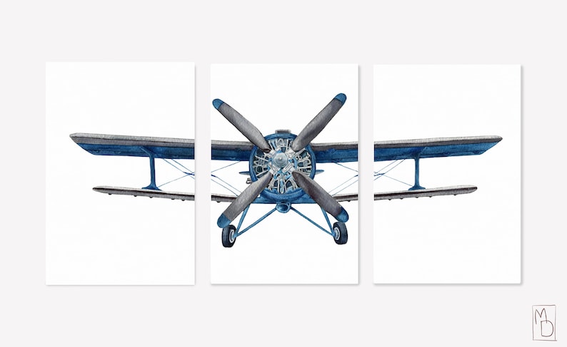 Blue Printable Airplane Vintage Biplane Boys Room Decor - Etsy