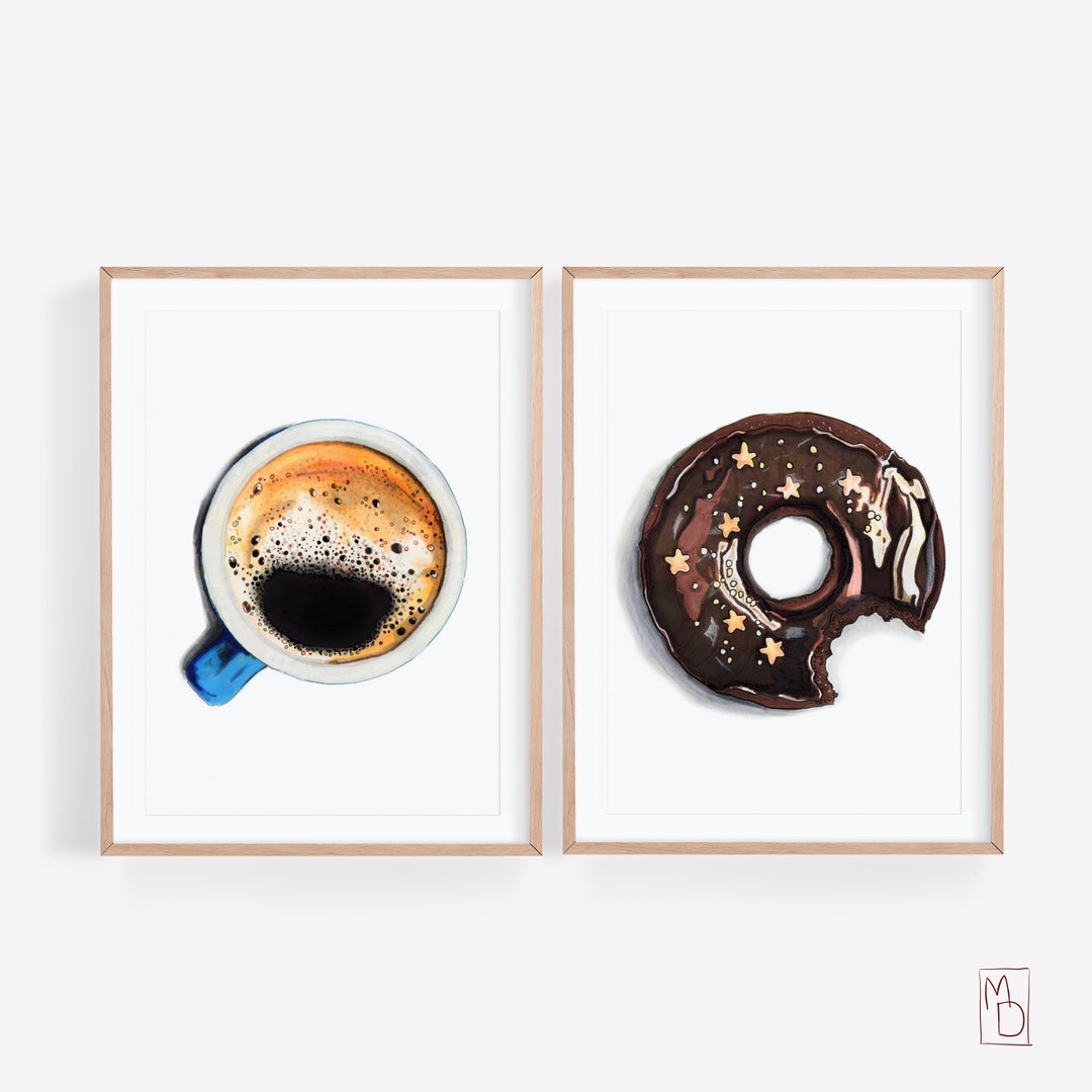 Chocolate Donut and Coffee Posters, Doughnut Print, Set of 2, Dessert ...