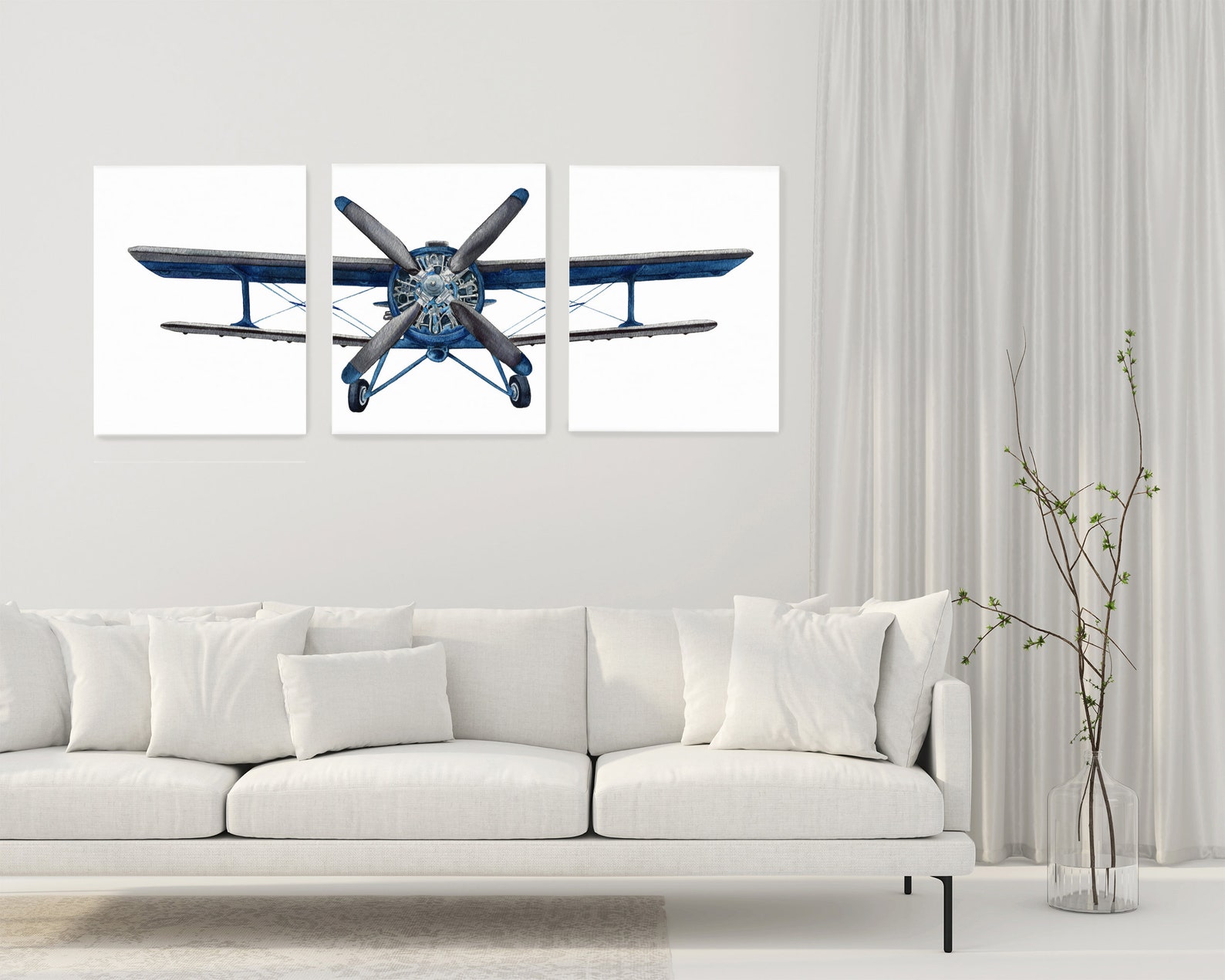 Blue Printable Airplane Vintage Biplane Boys Room Decor | Etsy