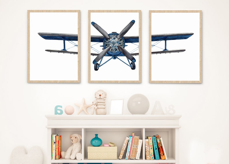 Blue Printable Airplane Vintage Biplane Boys Room Decor - Etsy