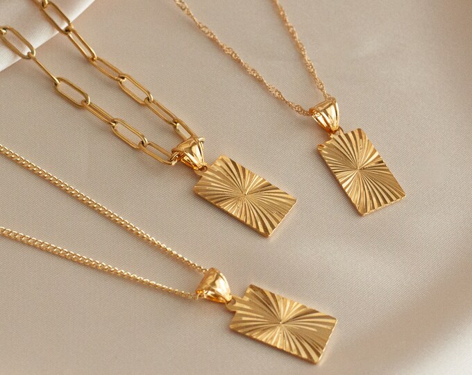 18K Gold Sunbeam Rectangle Pendant Necklace Gold Boho Necklace ...