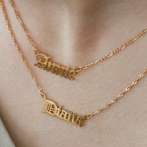 18K Gold Old English Name Necklace Pearl Waterproof Name - Etsy