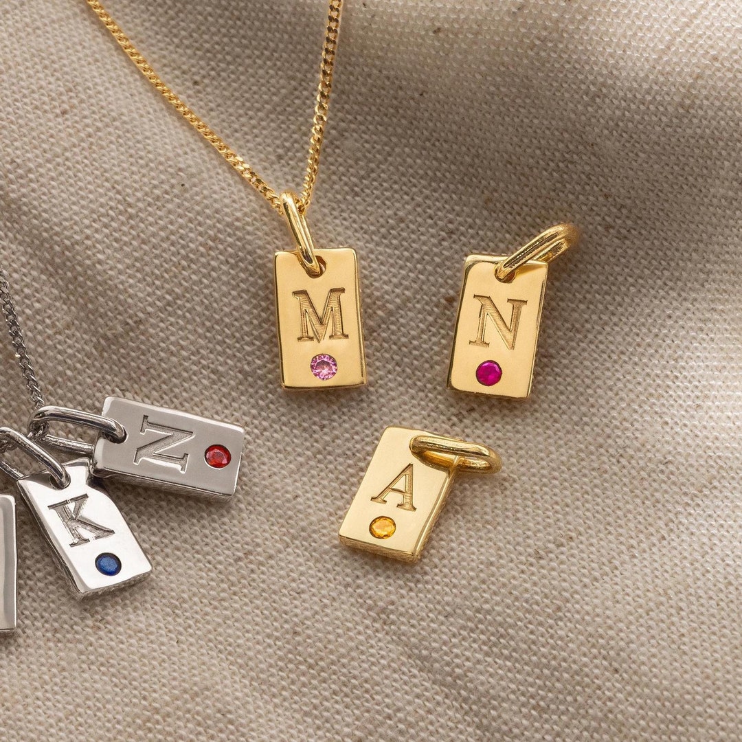 14k SOLID GOLD Initial Charm With Birthstone, Custom Engraved Letter ...